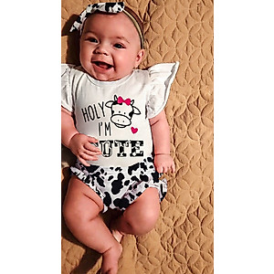 Viworld Newborn Baby Girls Clothes Ruffles Sleeve Romper Cows Printed Bottoms Diaper Shorts with Headband 3Pcs Outfits(White Cows,0-3M)