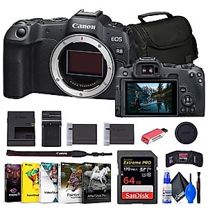 Canon EOS R8 Mirrorless Camera (5803C002) + 64GB Memory Card + Corel Photo Software + Bag + Charger + LPE17 Battery + Card Reader + Flex Tripod + Memory Wallet + Cleaning Kit (Renewed)