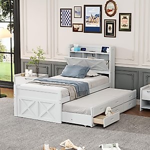 Luckiofvonne Twin Bed Frame with Storage Headboard & Charging Station, Wood Captain Bed with Trundle and Drawers, Farmhouse Platform Beds for Kids Boys Girls, Noise Free, No Box Spring Needed, White