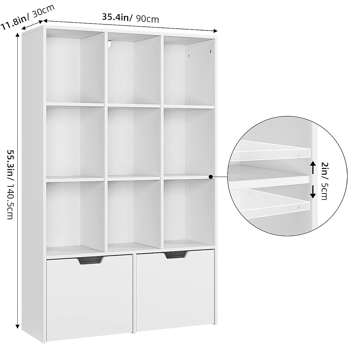 IDEAKHOUSE White Bookshelf with Drawers, Tall Storage Cabinet with 9 Cubes and 2 Large Drawers, Free Standing Storage Organizer Bookshelf for Living Room, Office, Study,Kitchen (White)