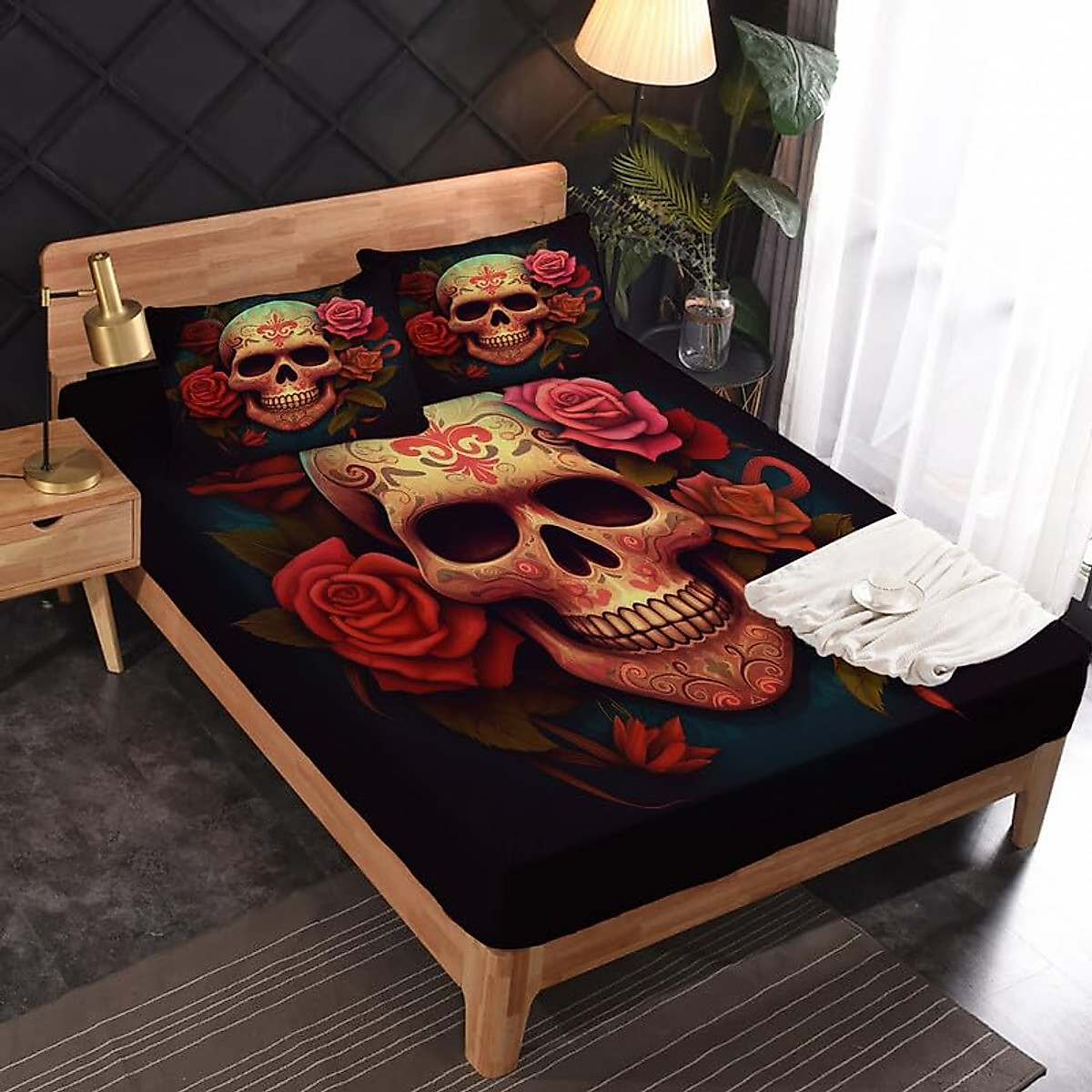 Sugar Skull Sheets Twin Size - Mexican Day of the Dead Bed Sheets, Soft Microfiber & Deep Pocket & Wrinkle Free Patterned Bedding Sheets & Pillowcases, 1 Fitted Sheet, 1 Flat Sheet, 1 Pillow Case