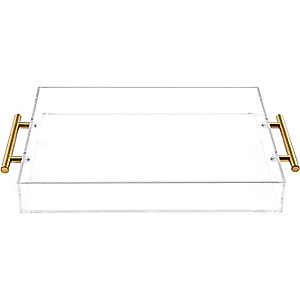 12"x16" Clear Acrylic Serving Tray with Golden Handles, Sturdy Huge Capacity Acrylic Tray for Coffee, Juice, Kitchen and Desk Organizer, Storage Tray (12"x16")