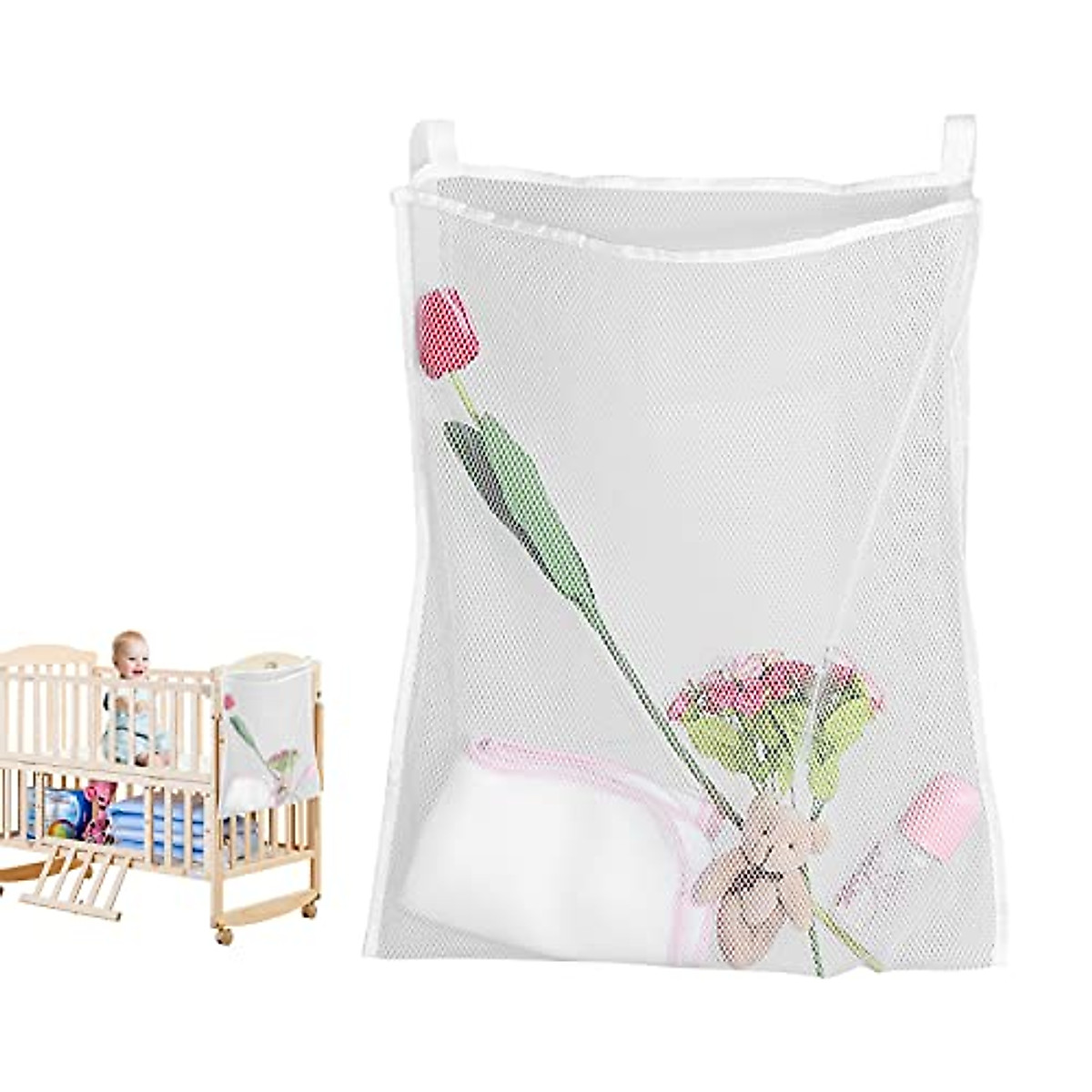 Natudeco Baby Bedside Hanging Storage Bag Hanging Diaper Caddy Organizer Mesh Large Capacity Caddy Organizer Nursery Storage Stacker for Baby Cribs and Toys