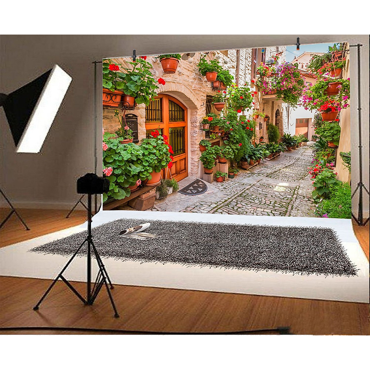 OFILA Italy Old Street Backdrop 10x6.5ft Flowers Towns in Italy Backdrop Umbria Spello Town Italian Themed Birthday Party Backdrop Medieval Village Photos Travel Pictures Backdrop Narrow Alley Photos
