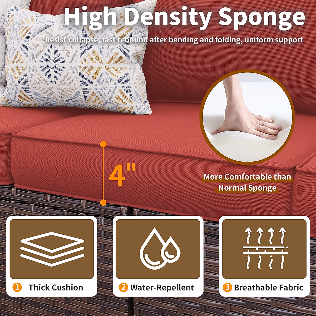 VONZOY Patio Furniture Set, 7 Pieces Outdoor Sectional Sofa Couch with Chairs, Ottomans and Comfy Cushions, All Weather Wicker Rattan Patio Conversation Set for Garden Backyard Wine Red