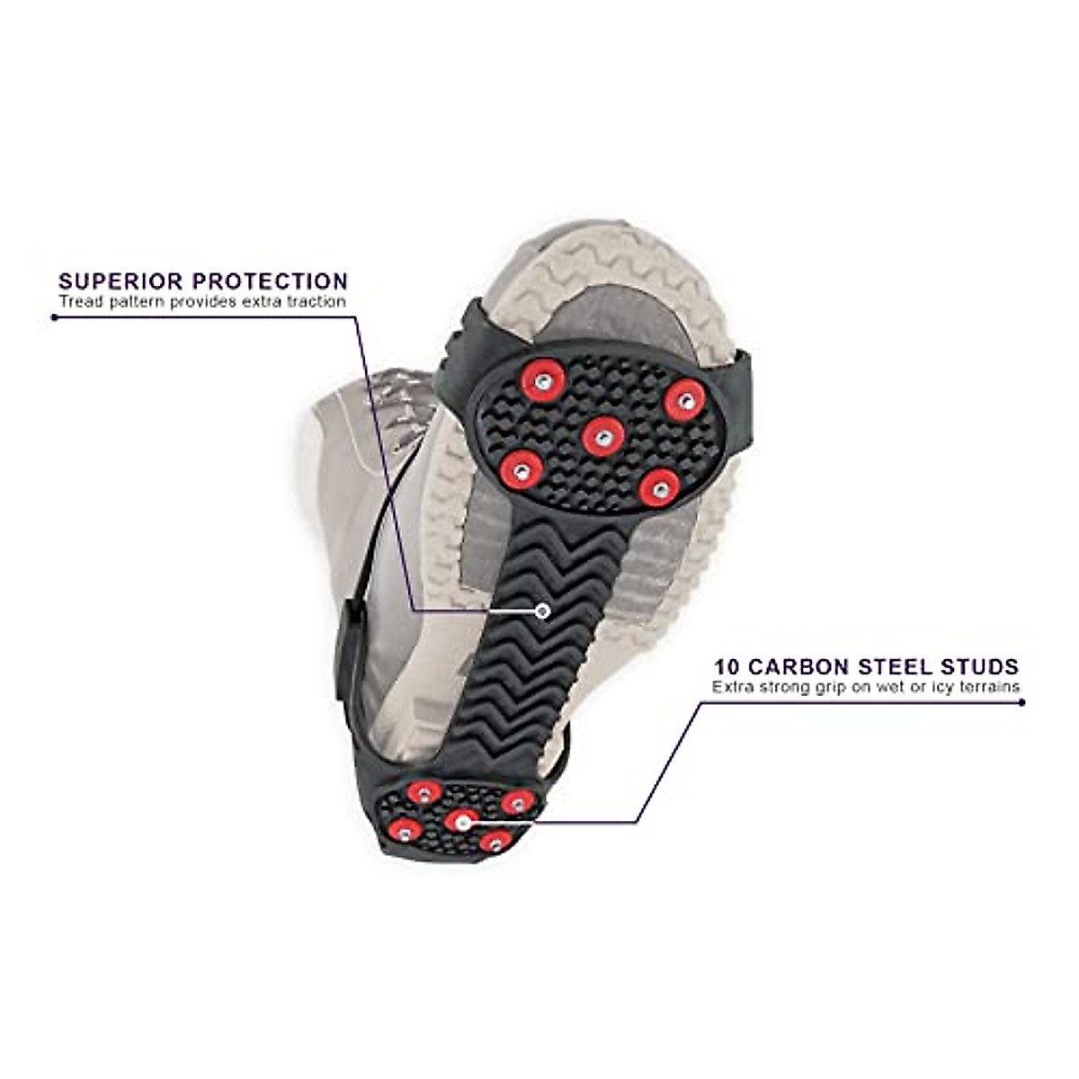 Ice Gripster Treads Nonslip Traction Cleats for Snow and Ice, Anti-Slip Overshoe Crampons with Adjustable Cinch Cord, 10 Carbon Steel Studs for Secure Grip, Extra Large, Black and Red