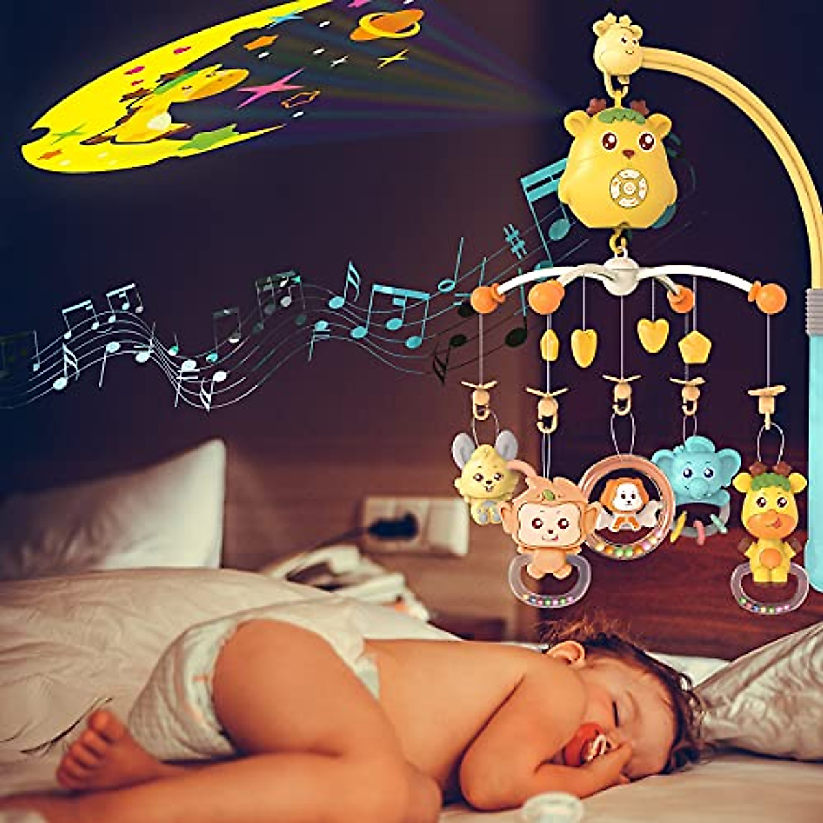 Yuanlebao Crib Mobile for Pack and Play,Baby Crib Toys with Light and Music, Rotation,Timing, Toddlers Toy for Remote Lamp, Projector for Crib Accessories,Nursery Toys for Infant 3M+（Yellow）