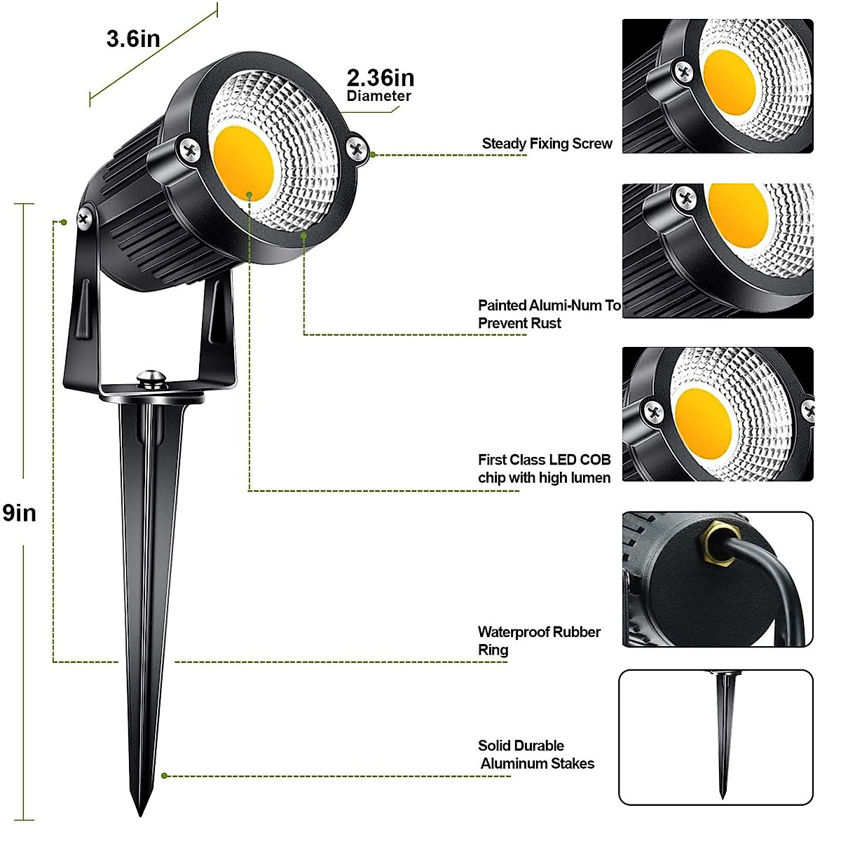 HOTSELLDR Low Voltage Landscape Spotlights, 5W 500LM LED, Warm White, IP66 Waterproof, 12V 24V, 9.05 Inches, Black, Outdoor, Modern Style, 1 Count