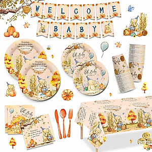 Piooluialy Autumn Winnie Pooh Baby Shower Decorations - Classic Winnie Pooh Party Supplies Include Banner, Tablecloth, Plates, Cups, Napkins, Cutlery, Winnie Thanksgiving Party Supplies | 24 Guests
