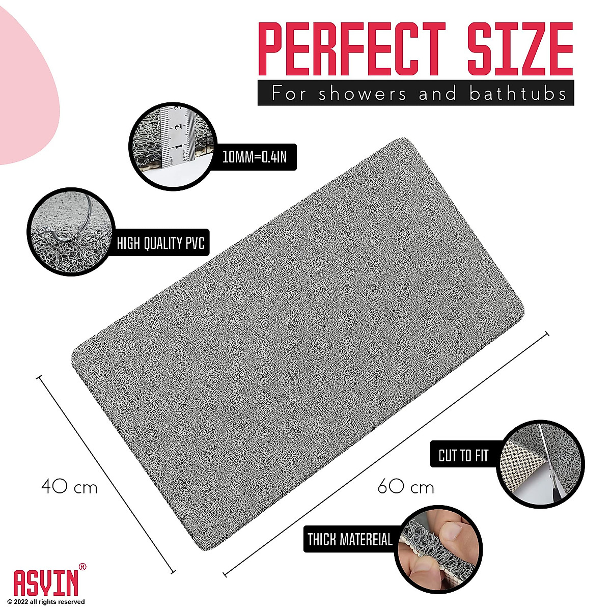 Asvin Soft Textured Bath, Shower, Tub Mat, 24x16 Inch, Phthalate Free, Non Slip Comfort Bathtub Mats with Drain, PVC Loofah Bathroom Mats for Wet Areas, Quick Drying