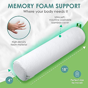 Cushy Form Neck Roll Pillow - Viscose of Bamboo Tube Pillow w/Washable Cover - Memory Foam Cylinder Pillows for Spine Discomfort, Yoga, Bed - Bolster & ﻿Travel Pillow