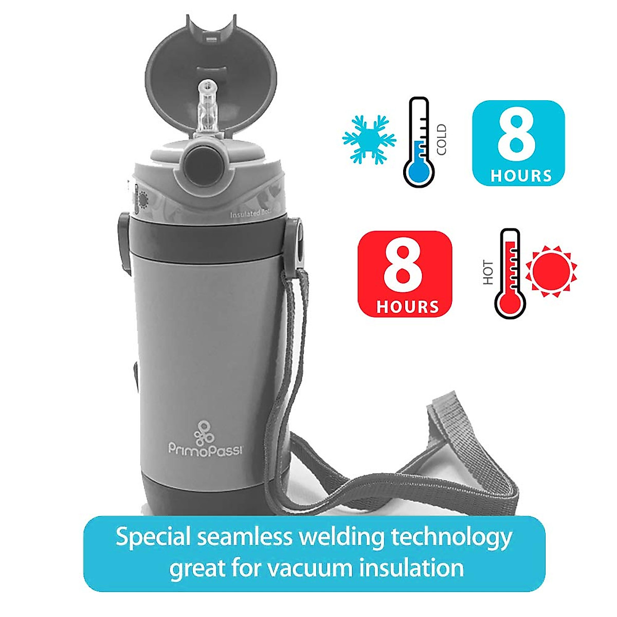 Insulated Straw Water Bottle | Kids Insulated Bottle | Thermos Bottle 12 Ounce Bottle - by Primo Passi (Gray)