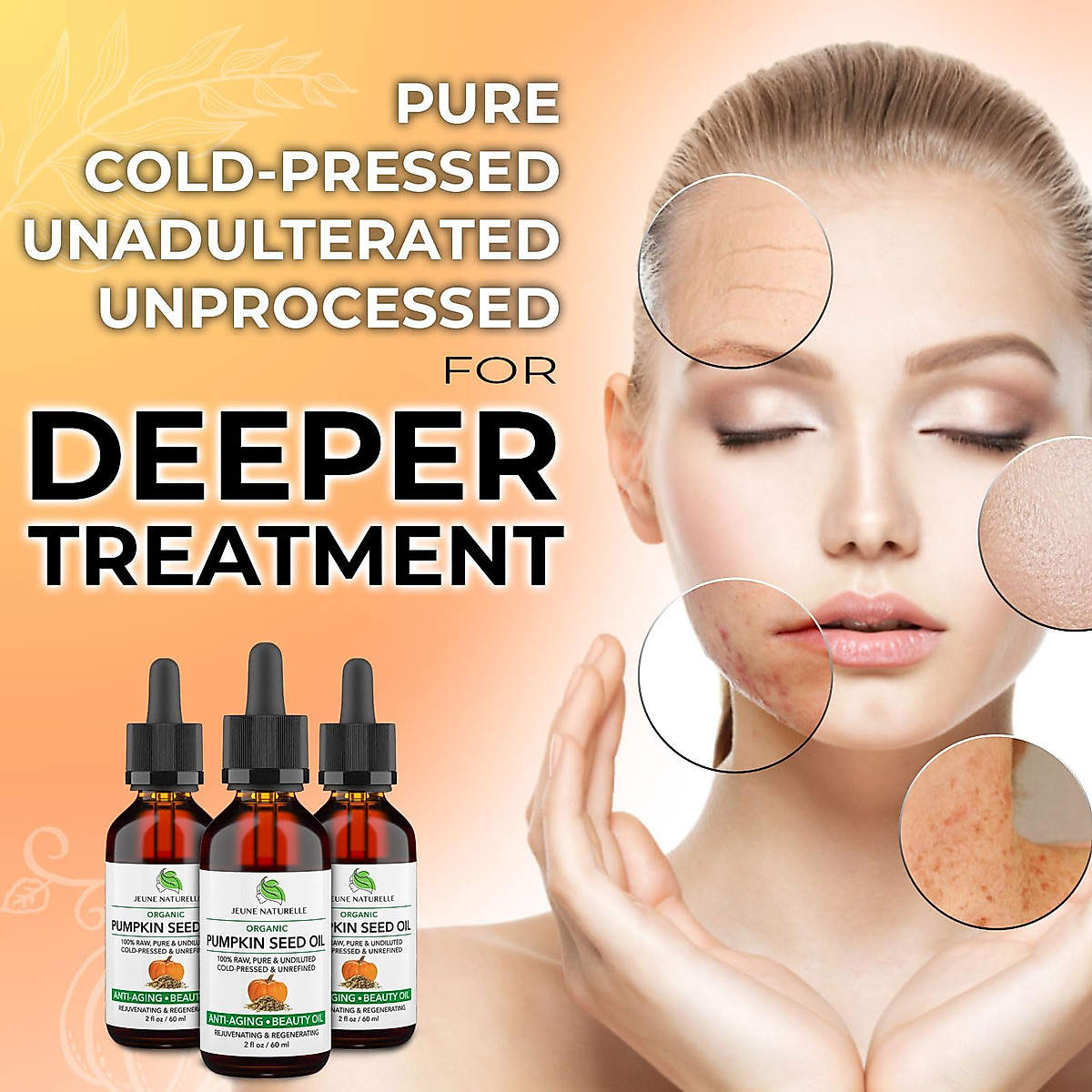 Jeune Naturelle Pumpkin Seed Oil Organic, 100% Pure RAW Cold Pressed Undiluted For Anti Aging Wrinkle Repair Hair Growth, Fast Absorbing, Travel Size, Non-Comedogenic Organic Pumpkin Seed Oil