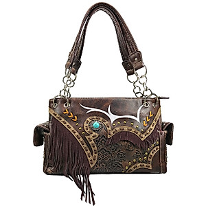 Zelris Women Shoulder Handbag Wallet Set Turquoise Concho Suede Fringe Two Tone Cowgirl Conceal Carry Purse (Western Brown)