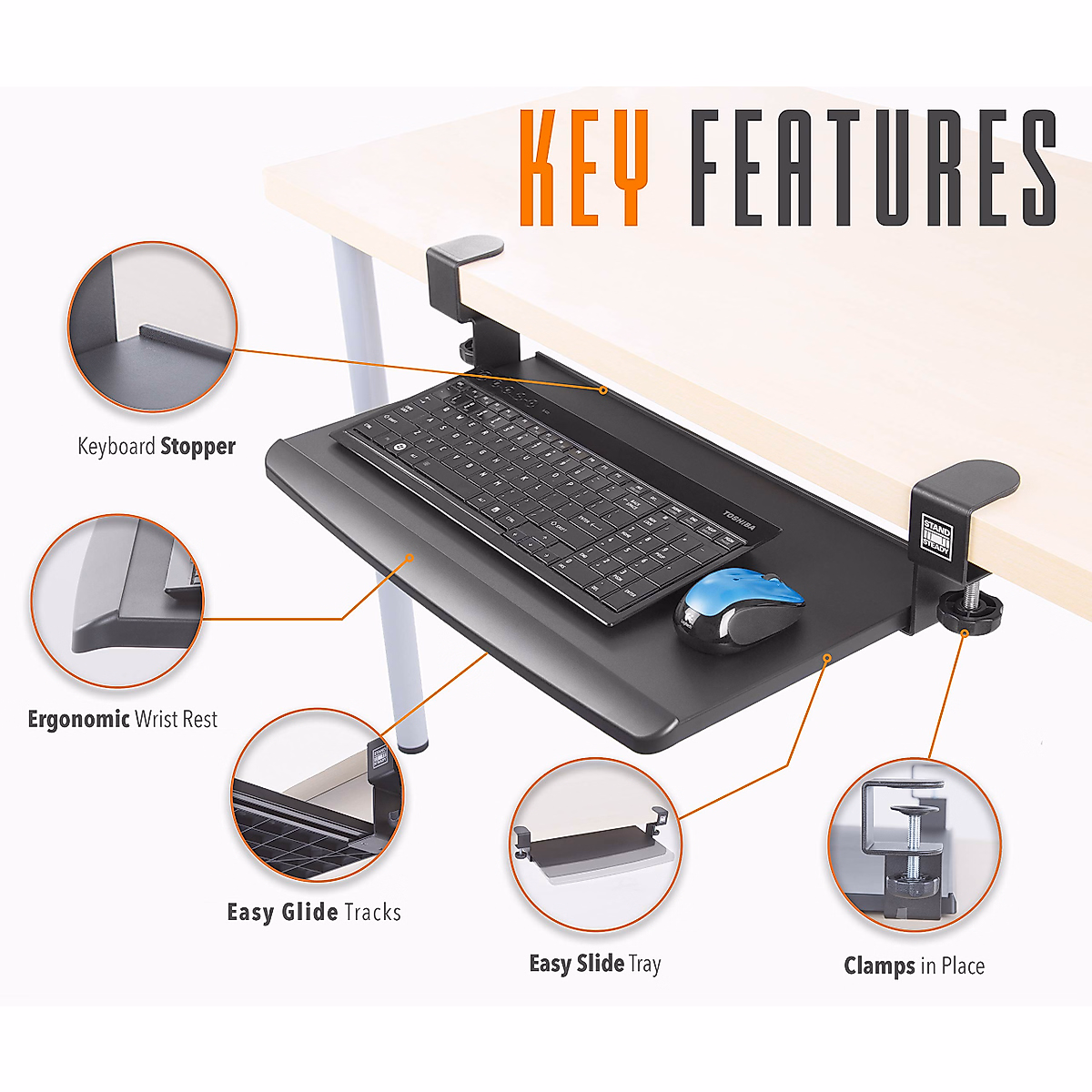Stand Steady Clamp On Keyboard Tray | Keyboard Shelf - Small Size - Easy Install - No Need to Drill into Desk! Retractable to Slide Under Desktop | Great for Home or Office!