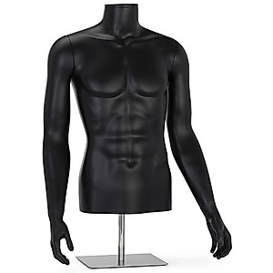 Displays2go Headless Male Torso Mannequin with Metal Base, Removable Arms - Matte Black (SMMMATBA)