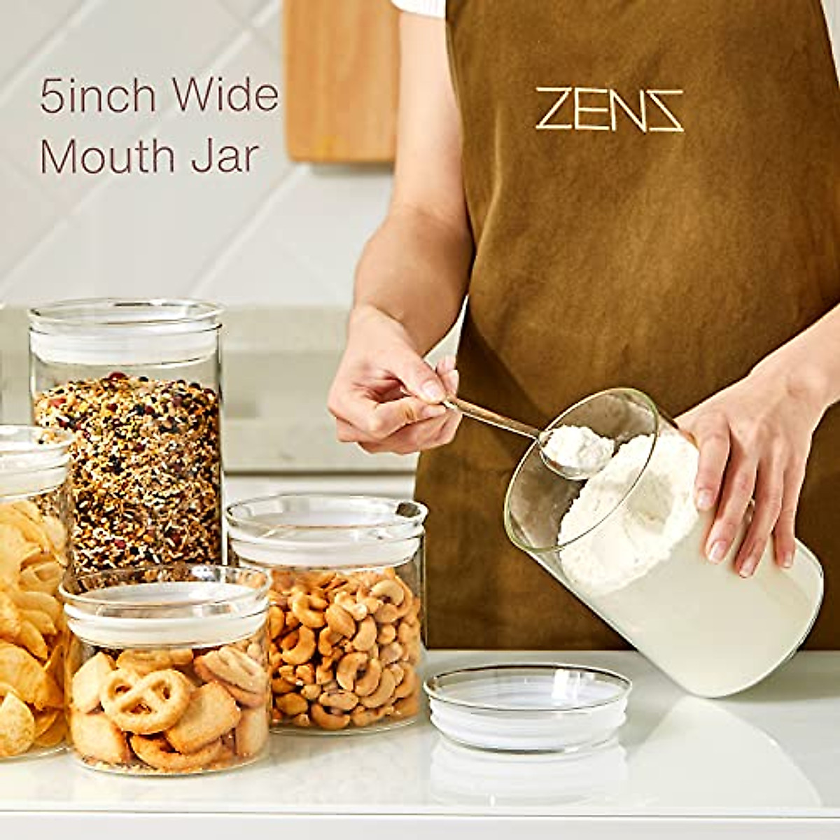 ZENS 4.7in Wide Mouth Glass Food Storage Containers, 4 Pack Glass Jars with Airtight Lids for Kithen Pantry Flour, Clear Glass Canisters Sets for Pasta Noodles, Coffee Beans -23.6oz/32oz/50oz/74oz