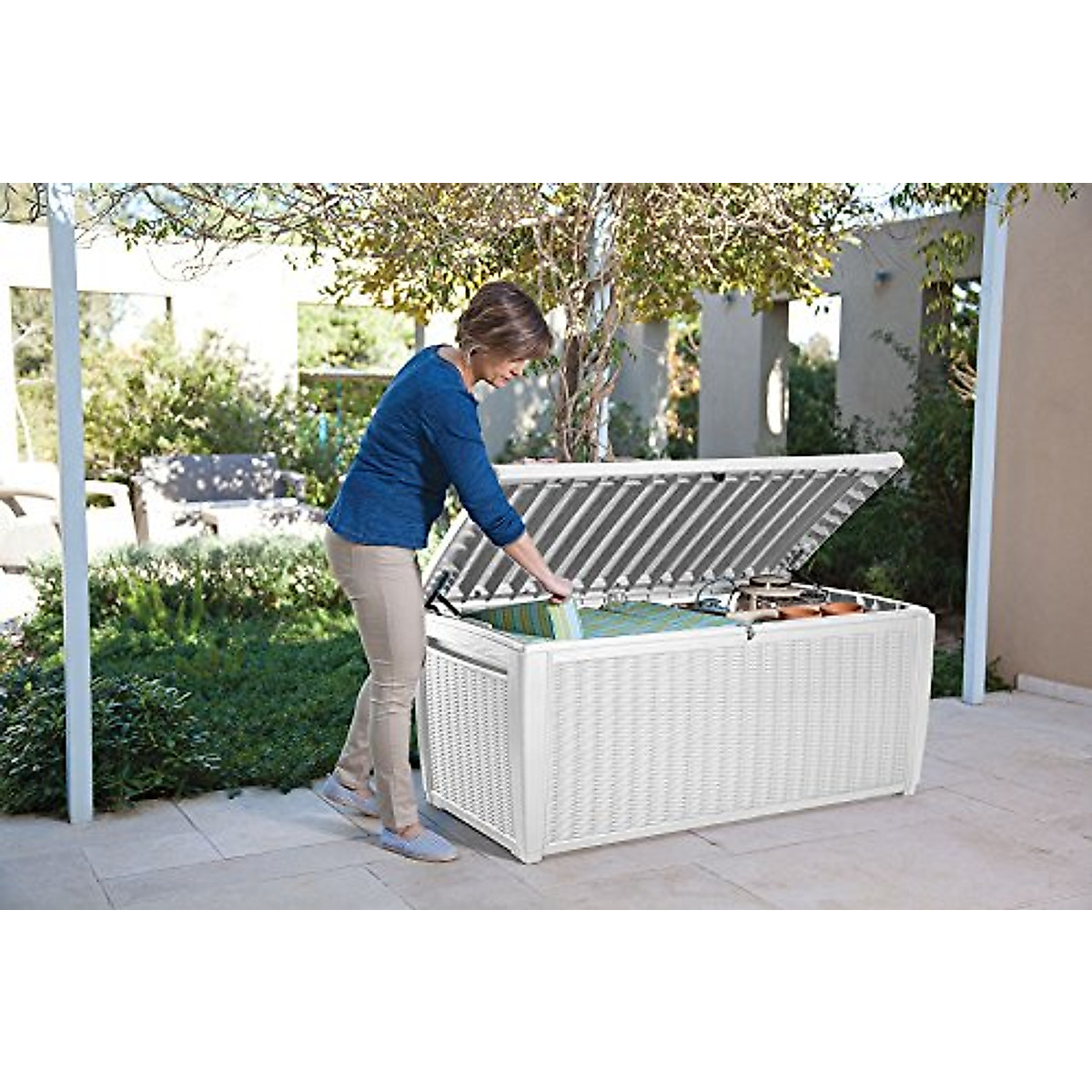 Keter Sumatra 135 Gallon Resin Rattan Look Outdoor Deck Box for Patio Furniture Cushions, Garden Tools, Toys, and Pool Storage