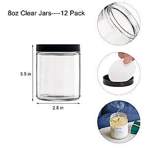 Homerove 8oz Clear Round Glass Jars with Black Lids, Empty Cosmetic Containers for Beauty Products(Set of 12 Pack and Attached with Labels and Spoons)