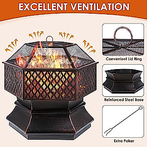 Arlopu 30/28'' Outdoor Grilled Fire Pit, Wood Burning Firepit, Patio Portable Pit, Hex Outside Camp Fireplace, W/ 20in Fire Poker, Spark Screen, 0.8mm Steel Base for Backyard,Terrace,Poolside,Gazebo