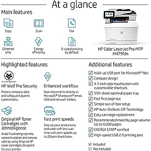HP Laserjet Pro M479fdn Color All-in-One Laser Printer for Home Office - Print Scan Copy Fax -28 ppm, 8.5x14, Auto Duplex Printing, 50-Sheet ADF,Ethernet only,Compatible with Alexa,Wulic Cable