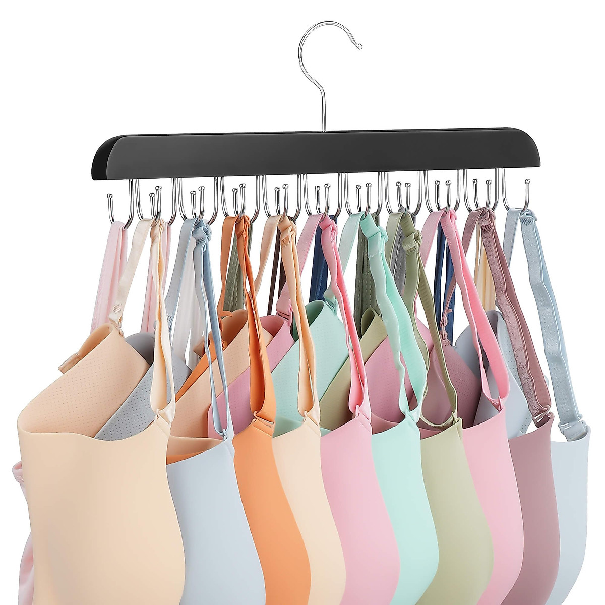 ZEDODIER Bra Hanger for Closet, Tank Top Hanger 20 Hooks Capacity, Wood Space Saving Hanger Closet Organizers and Storage for Dorm & Apartment, Black