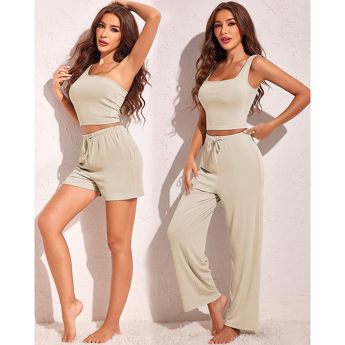 Ekouaer Womens 4 Piece Lounge Sets Ribbed Knit Crop Tank Top and Shorts Pants Casual Outfits