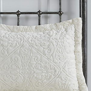 Madison Park Bismarck Full/Queen Size Bed Comforter Set - Ivory, Embroidered Medallion – 3 Pieces Bedding Sets – Faux Fur Plush Bedroom Comforters (MP10-2000)