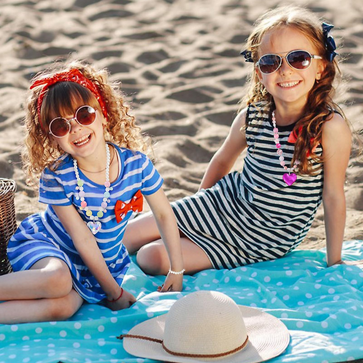 PinkSheep Beads Necklace and Bracelet for Kids, 3 Sets, Little Girls Jewelry Necklace and Bracelet with Heart Pendant, Dress Up Pretend Play Party Favor