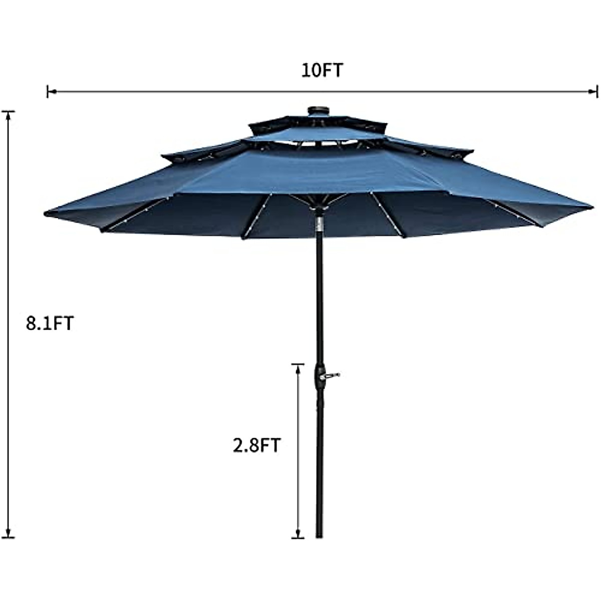 Saemoza 10ft 3 Tiers Patio Umbrella with Solar Powered, Outdoor Market Table Umbrella with 40 LED Lights, Push Button Tilt, Crank and 8 Ribs for Garden, Backyard and Pool (navy blue)