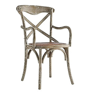 Modway Gear Rustic Modern Farmhouse Elm Wood Rattan Two Dining Armchairs in Gray