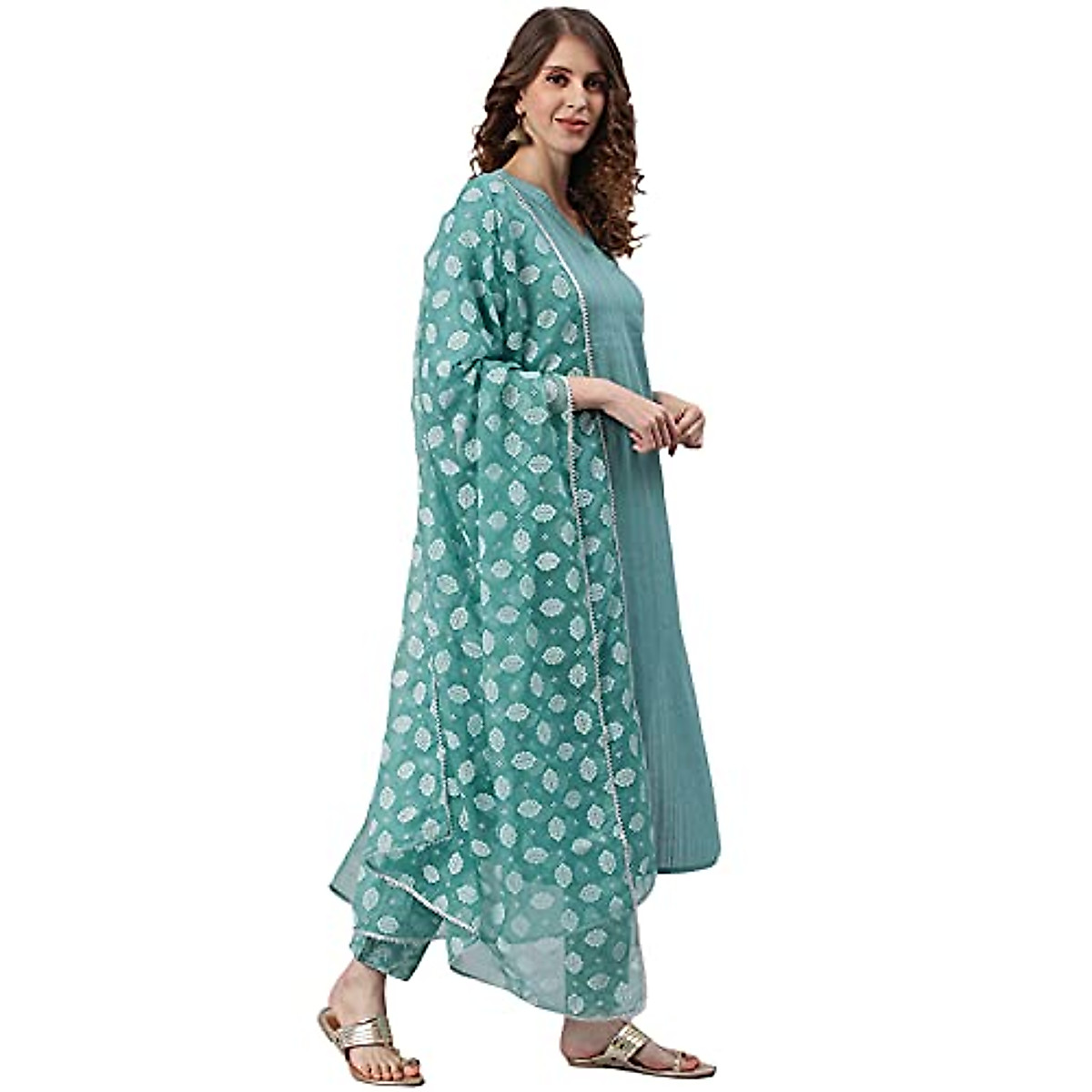 Janasya Women's Blue Cotton Kurta With Pant And Printed Dupatta