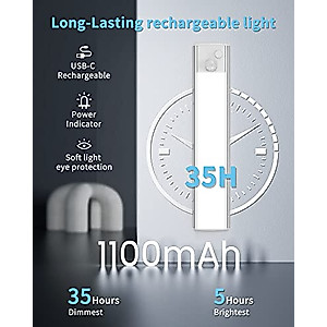 MOAMI Closet Lights Motion Sensored, 33-Led Dimmable USB Rechargeable Motion Sensor Magnetic Under Cabinet Lights 1100mAh Battery Operated White Strip Lighting, 20cm/7.8inch, Pack of 2