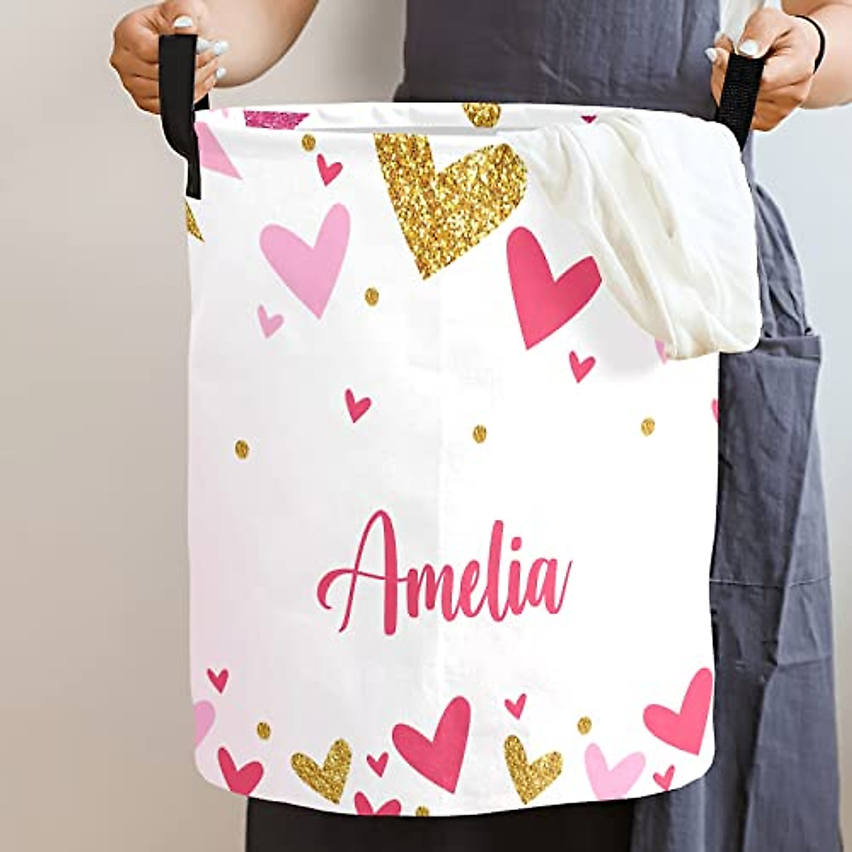 Valentines Hearts Pink Personalized Laundry Basket Clothes Hamper with Handles Waterproof ,Collapsible Laundry Storage Baskets for Bathroom,Bedroom Decorative 19.7"Hx14.2"D