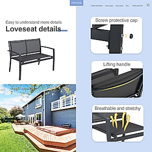 Meilocar 4 Pieces Patio Furniture, Textilene Metal Outdoor Furniture Set, Modern Conversation Set with Loveseat Tea Table, Small Outdoor Patio Chat Set for Backyard, Porch, Lawn and Balcony (Gray)