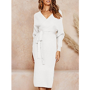 Chang Yun Women's Long Maxi Sweater Dresses Sexy Wrap Batwing V Neck Slit Open Back Holiday Bodycon Dress with Belt