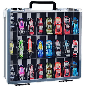 Double Sided Toy Storage Organizer Case for Hot Wheels Car, for Matchbox Cars, for Mini Toys, for Small Dolls. Carrying Box Container Carrier with 48 Compartments - Black (Box Only)