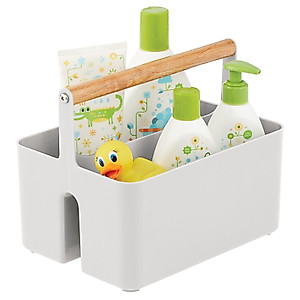 mDesign Plastic Portable Nursery Organizer Caddy Tote, Divided Basket Bin with Bamboo Handle - Hold Bottles, Spoons, Bibs, Pacifiers, Diapers, Wipes, Baby Lotion - Aura Collection - Stone Gray/Natural