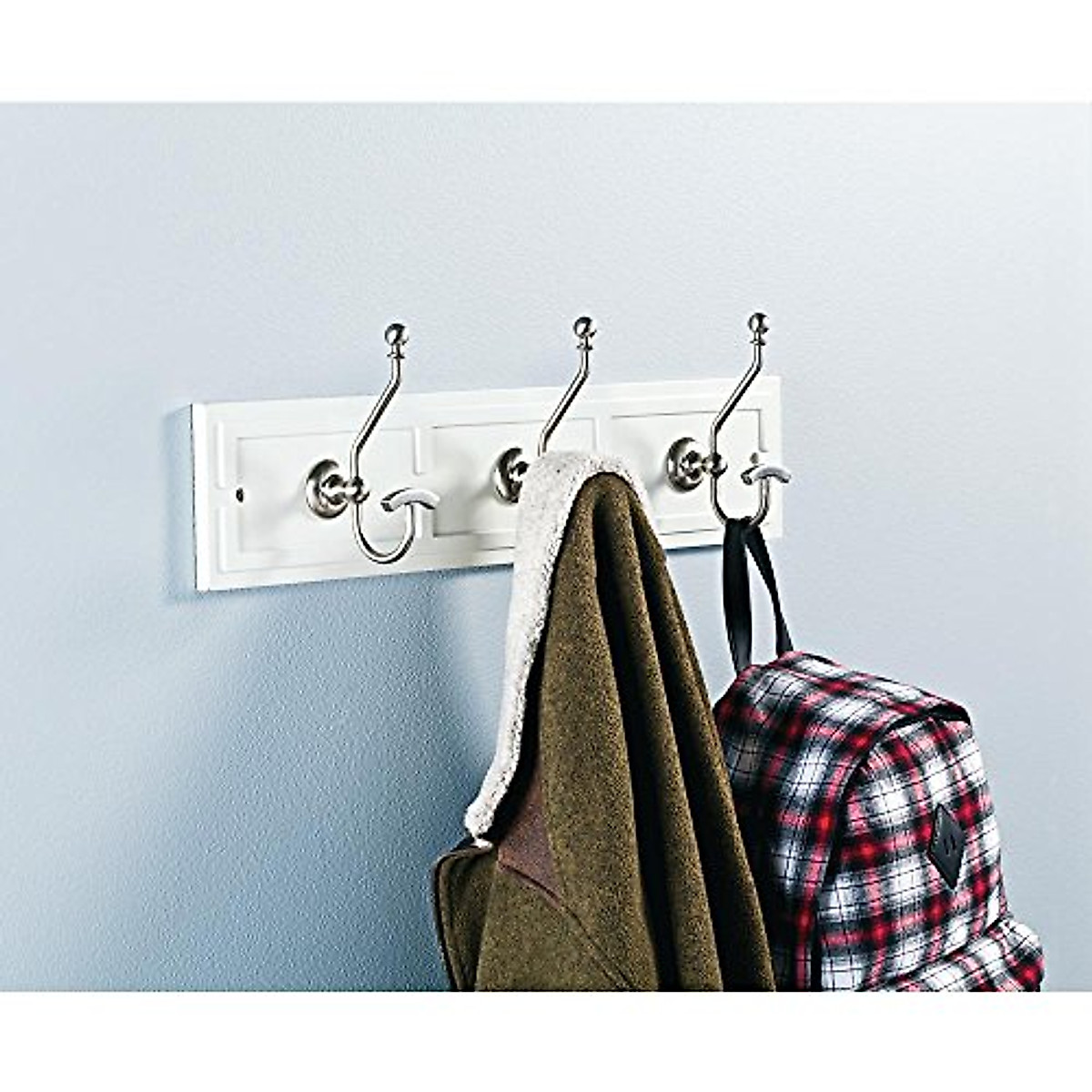 Liberty 22 inch Stylish Wall Mounted White and Satin Nickel Wardrobe Hook Rail/Coat Rack with 3 Pretty Dual Hanger Hooks for Coats, Hats, Scarves, Key • Extra Wide Hanging Space