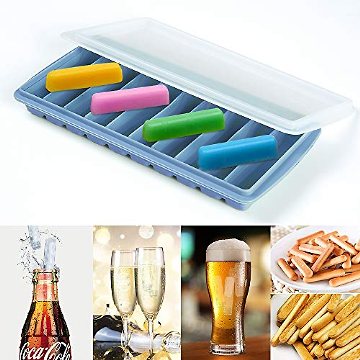 Silicone Narrow Ice Stick Cube Trays with Lids, Easy Push and Pop Out Material, Ideal for Sports and Water Bottles,Blue and Gray