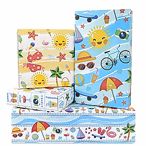 Beach Themed Gift Wrapping Paper,Summer Birthday Kraft Wrapping Paper 4 Sheet Hawaiian Sun Shell Coconut Ice Cream Gift Wrap Art Paper for Boys Girl Baby Shower Summer Luau Beach Party,28 x 20 Inch