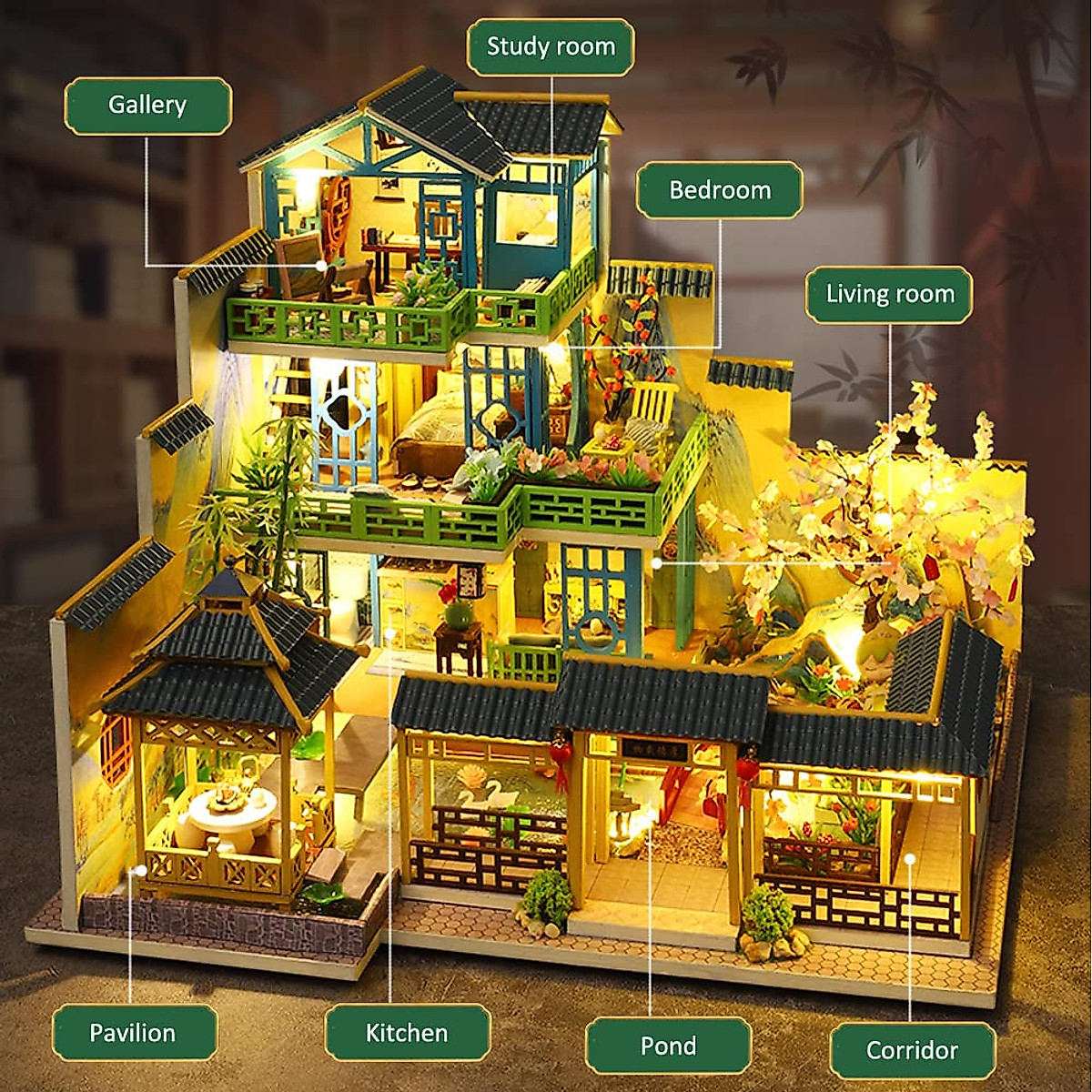 Yuzhen DIY Miniature Dollhouse with Furniture and LED Lights, Japanese Style Wooden Mini-House Includes Dustcover and Music Movement, Collectibles for Hobbies