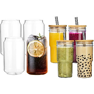 ALINK 4 Pack Large Beer Glasses + Mason Jar Glass Cups with Bamboo Lids and Straws