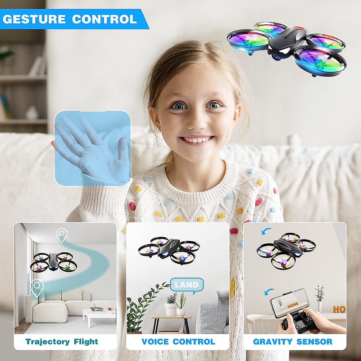 4DRC V16 Drone with Camera for Kids,1080P FPV Camera Mini Quadcopter Beginners Toy with 7 Colors LED Lights,3D Flips,Gesture Selfie,Headless Mode,Altitude Hold,Boys Girls Birthday Gifts,