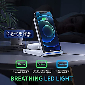 Wireless Charger 3 in 1 Wireless Charging Station Qi Fast Charger Stand for iPhone 13/12/11/Pro/Max/XR/XS/XS Max/X /8/8 Plus, Apple Watch, Airpods 2/Pro, Samsung Galaxy Phone with 18W Adapter, White