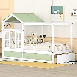 Merax Kid Wood House Bed with Roof, Window and Drawer, Wood Platform Bed for Boys Girls,No Box Spring Needed,Easy Assemble (Twin,Green)