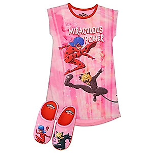 Miraculous Ladybug Pajamas for Girls Nightgown and Slipper Set, Short Sleeve Dorm Shirt, Red/Pink, Size 6/6X