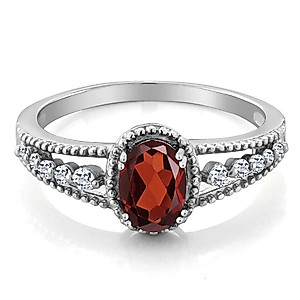 Gem Stone King 925 Sterling Silver Red Garnet and White Topaz Ring For Women (1.11 Cttw, Gemstone Birthstone, Available In Size 5, 6, 7, 8, 9)