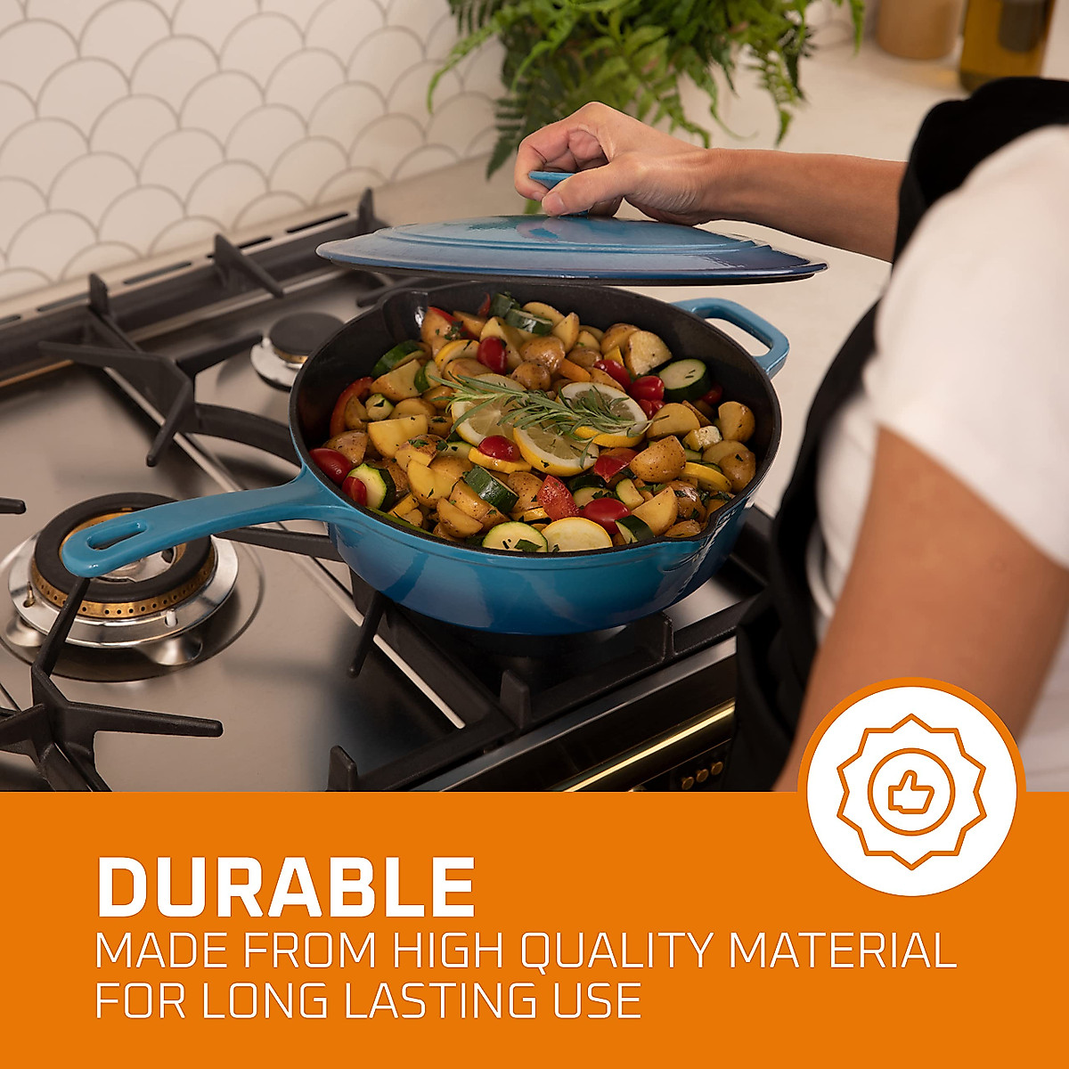 Bruntmor 5 Qt Turquoise Enamel Cast Iron Sauté Pan With Lid, 5 Quart Oven Safe Cast Iron Skillet, Cast Iron Grill Pan Set, Nonstick Cookware And Bakeware For Casserole Dish