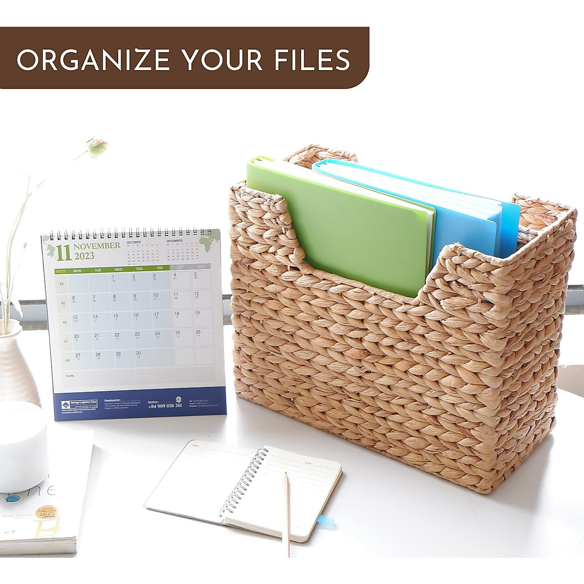 Chi An Home Wicker Magazine Basket, Water Hyacinth Basket for Files, Rattan Newspaper Rack Skinny Wicker Basket for Books & Files, Divided Hyacinth Basket With Handle (Medium)